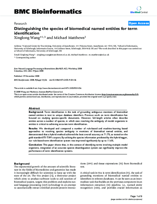 (PDF) Distinguishing the species of biomedical named entities for term ...