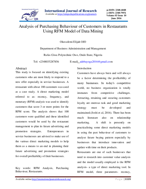 Pdf Analysis Of Purchasing Behaviour Of Customers In Restaurants Using Rfm Model Of Data Mining