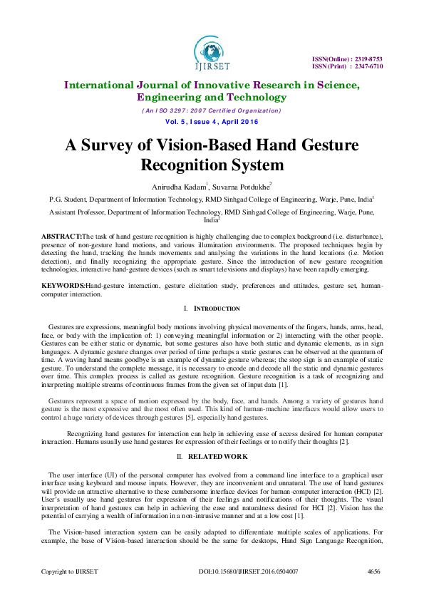 (PDF) A Survey of Vision-Based Hand Gesture Recognition System