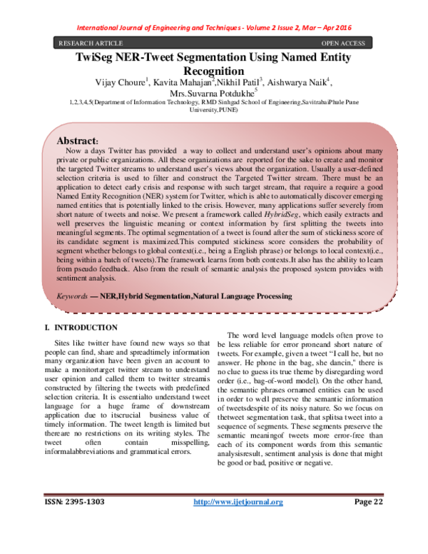 (PDF) TwiSeg NER-Tweet Segmentation Using Named Entity Recognition (PDF) TwiSeg NER-Tweet Segmentation Using Named Entity Recognition