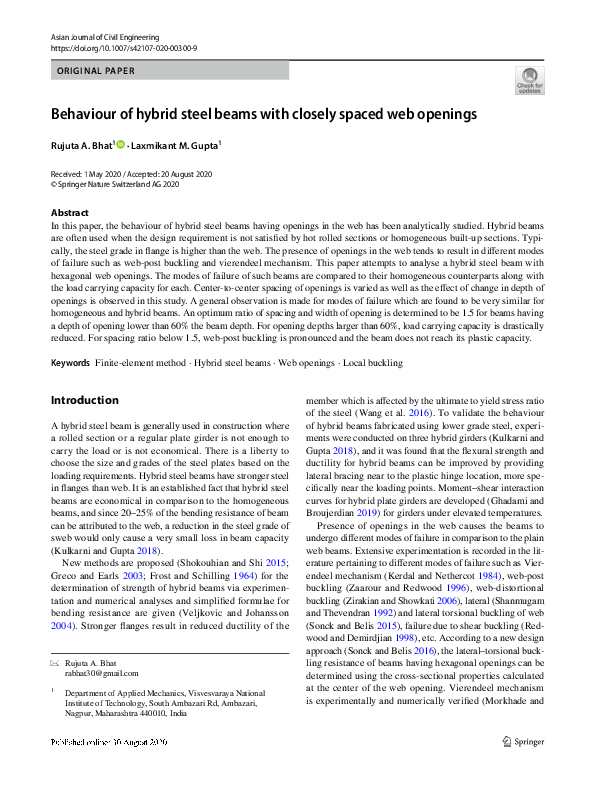 (PDF) Behaviour of hybrid steel beams with closely spaced web openings