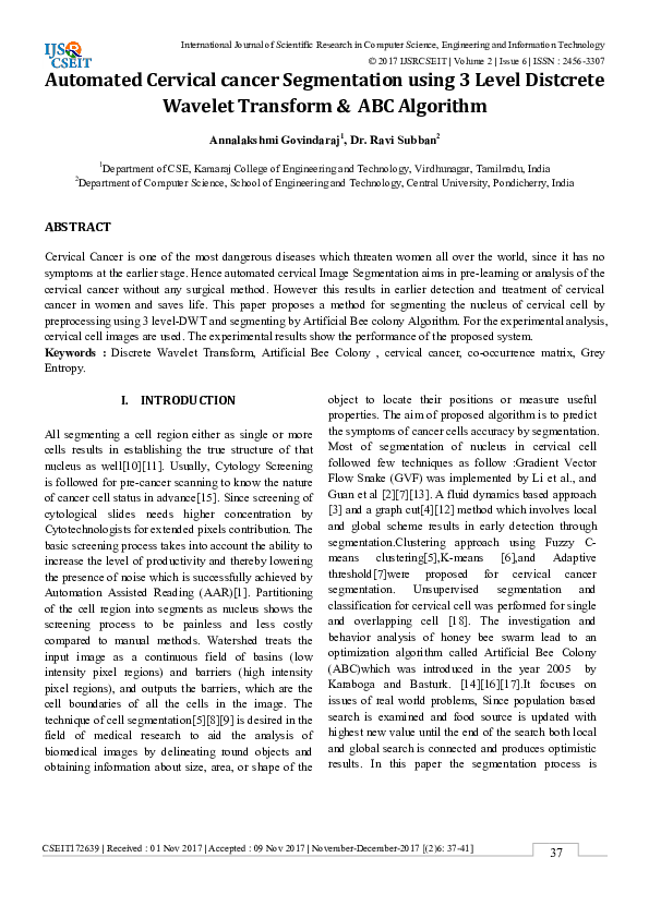 (PDF) CSEIT172639 | Automated Cervical cancer Segmentation using 3 Level Distcrete Wavelet ...