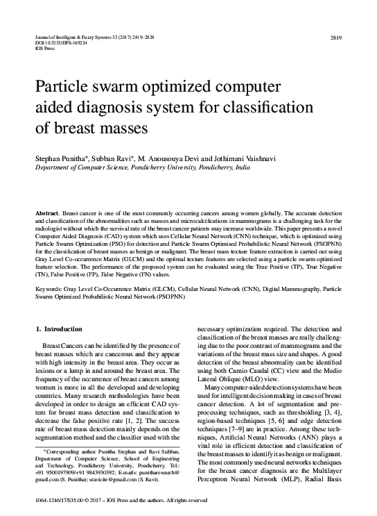 (PDF) Particle swarm optimized computer aided diagnosis system for classification of breast masses