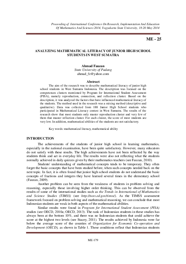 (PDF) Analyzing Mathematical Literacy of Junior High School Students in West Sumatra