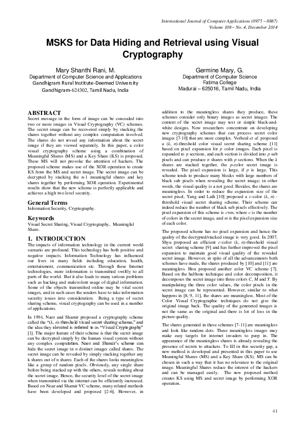 Pdf Msks For Data Hiding And Retrieval Using Visual Cryptography