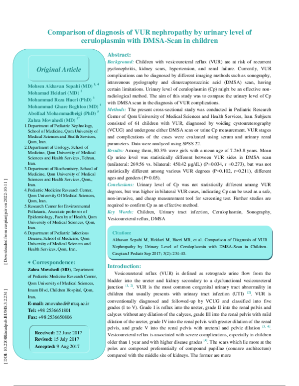 (PDF) Comparison of diagnosis of VUR nephropathy by urinary level of ceruloplasmin with DMSA ...