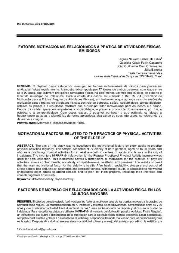 (PDF) Motivational Factors Related to the Practice of Physical Activities of the Elderly