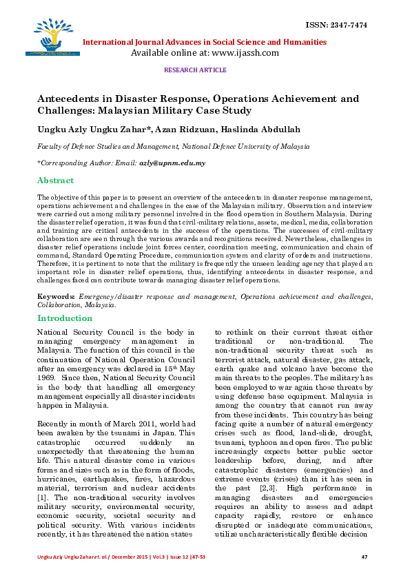 Pdf Antecedents In Disaster Response Operations Achievement And Challenges Malaysian