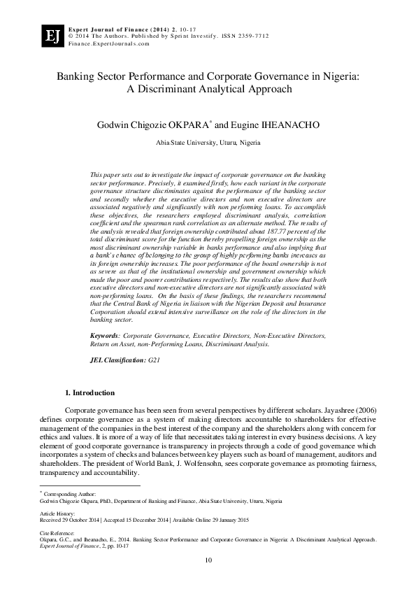 (PDF) Banking Sector Performance and Corporate Governance in Nigeria: A Discriminant Analytical ...