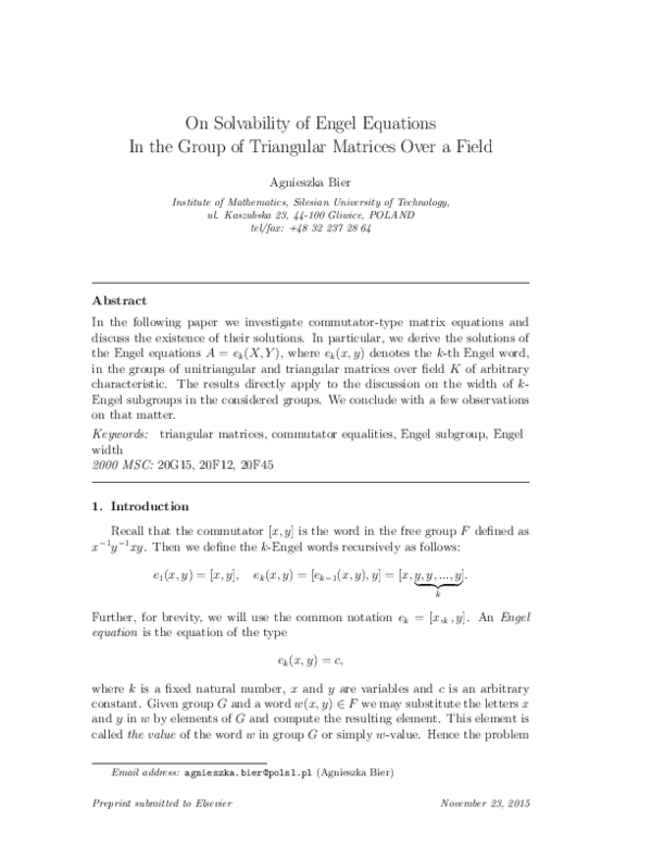 (PDF) On solvability of engel equations in the group of triangular ...