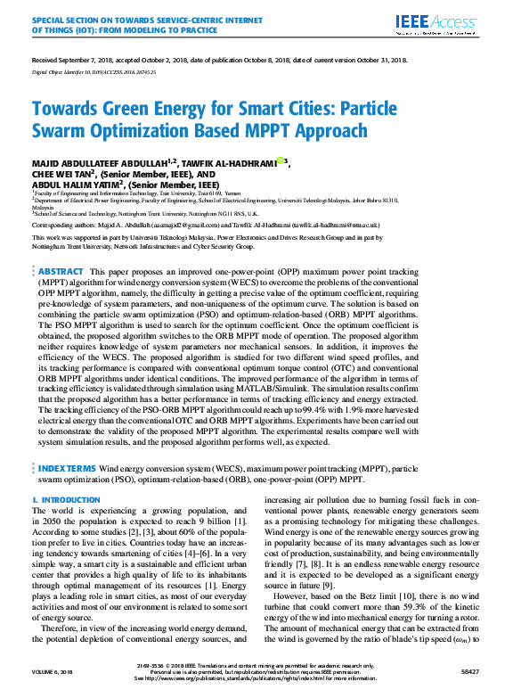 (PDF) Towards Green Energy for Smart Cities: Particle Swarm Optimization Based MPPT Approach