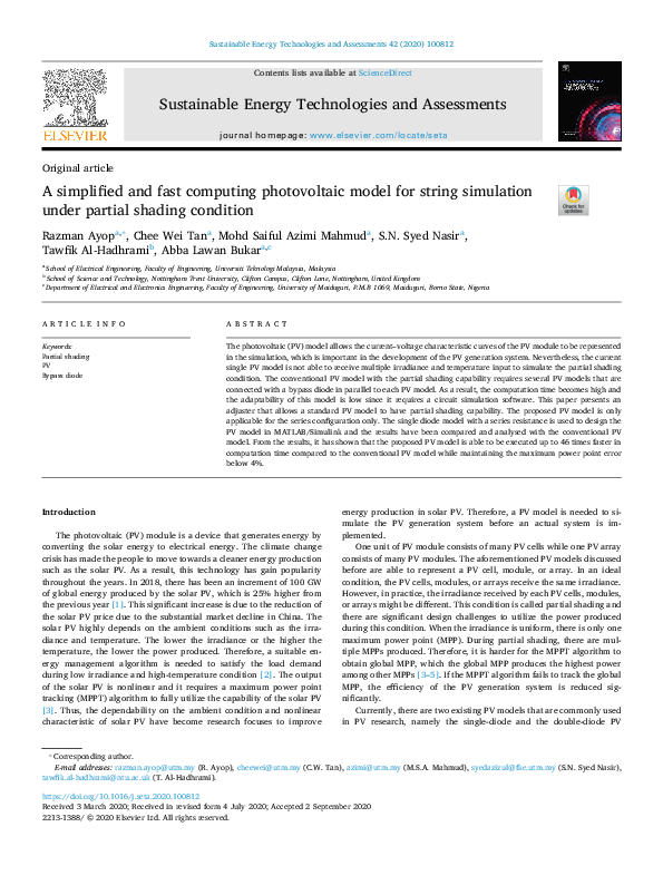 (PDF) A simplified and fast computing photovoltaic model for string ...