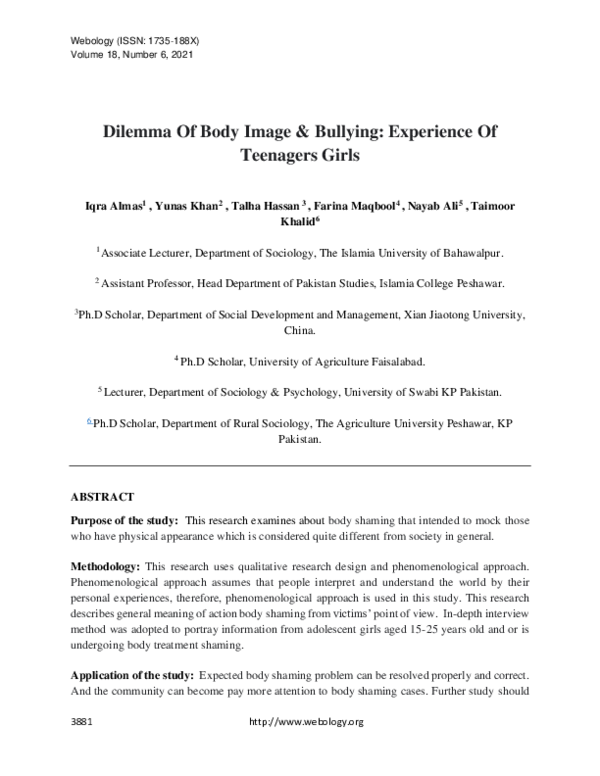 (PDF) Dilemma Of Body Image & Bullying: Experience Of Teenagers Girls