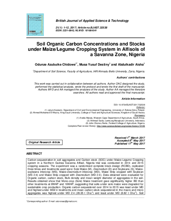 (PDF) Soil Organic Carbon Concentrations and Stocks under Maize/Legume Cropping System in ...