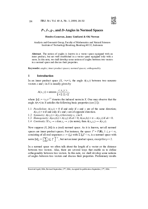(PDF) P-, I-, g-, and D-Angles in Normed Spaces | Oki Neswan - Academia.edu