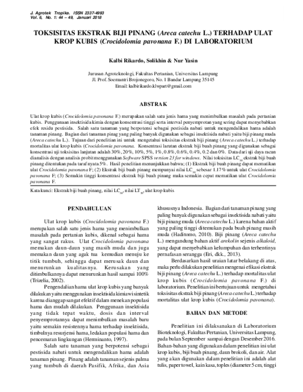 (PDF) TOKSISITAS EKSTRAK BIJI PINANG (Areca catechu L.) TERHADAP ULAT KROP KUBIS (Crocidolomia ...