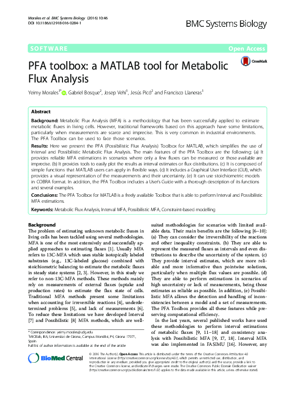 Pdf Pfa Toolbox A Matlab Tool For Metabolic Flux Analysis