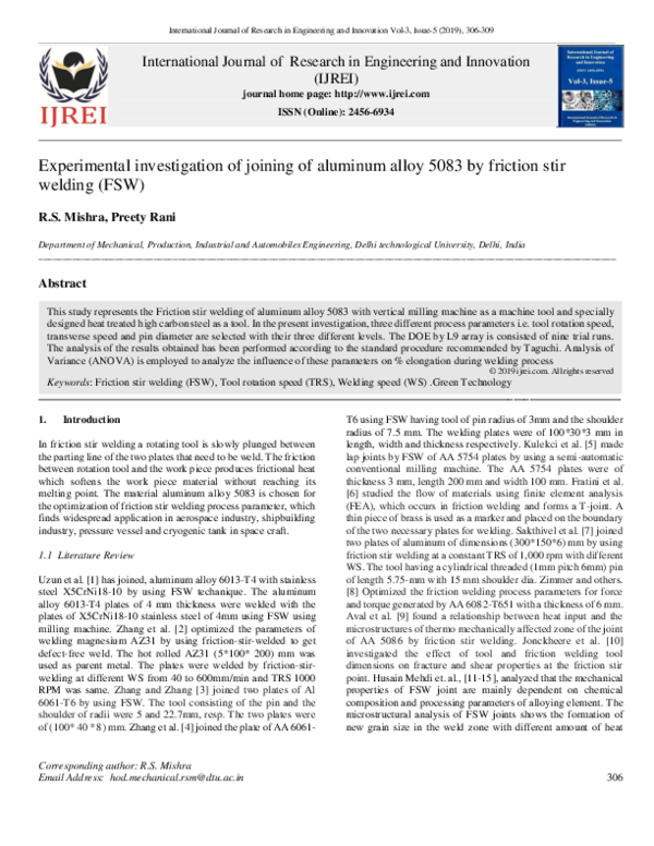 Pdf Experimental Investigation Of Joining Of Aluminum Alloy 5083 By