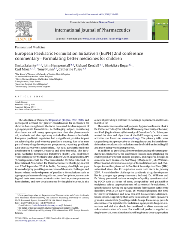 (PDF) European Paediatric Formulation Initiative's (EuPFI) 2nd conference commentary—Formulating ...