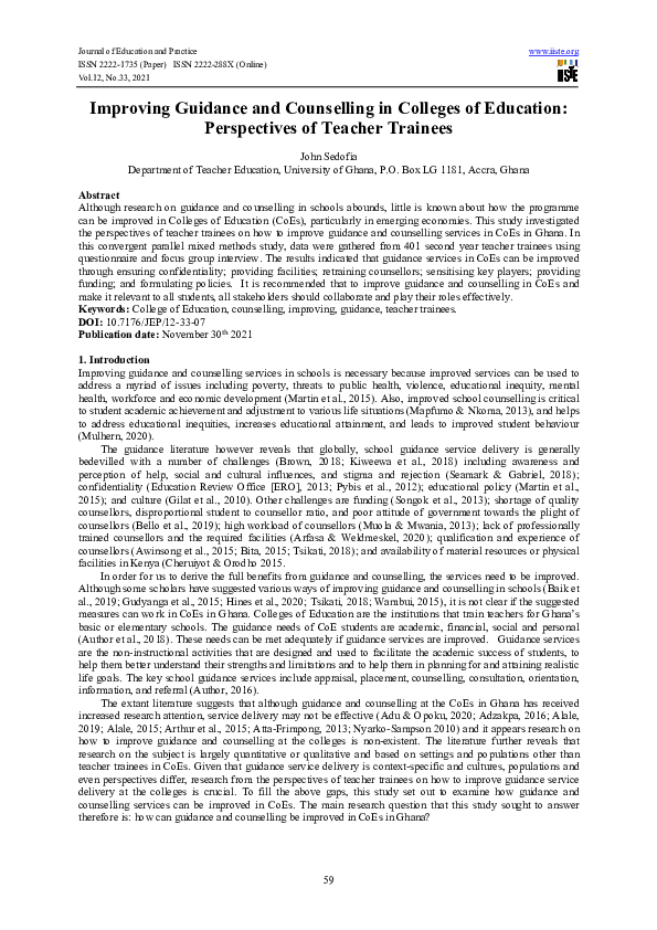 (PDF) Improving Guidance and Counselling in Colleges of Education ...