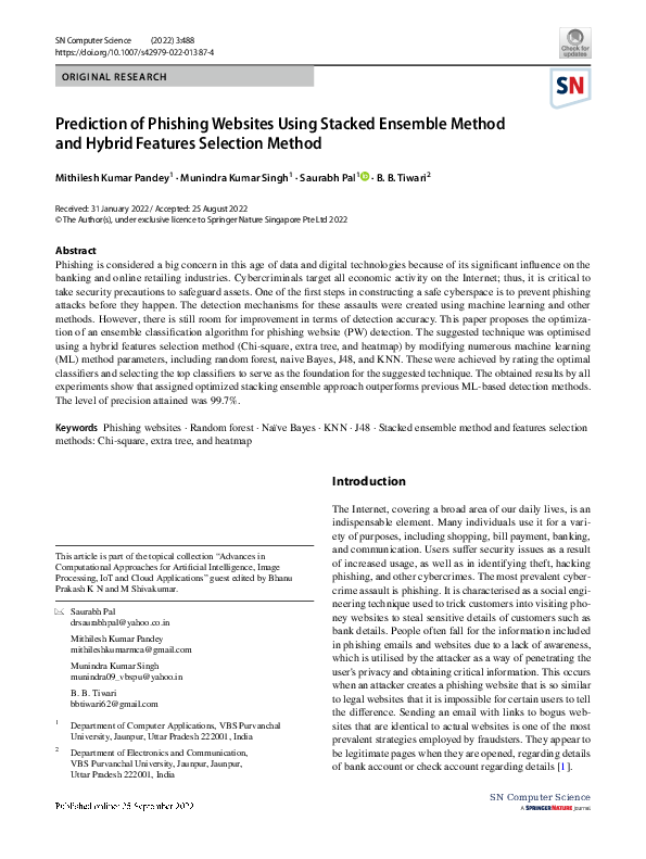 Pdf Prediction Of Phishing Websites Using Stacked Ensemble Method And Hybrid Features