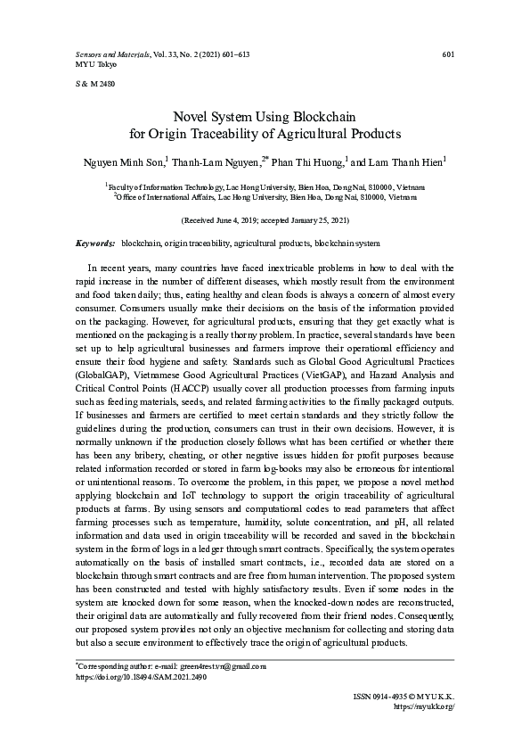 (PDF) Novel System Using Blockchain for Origin Traceability of Agricultural Products