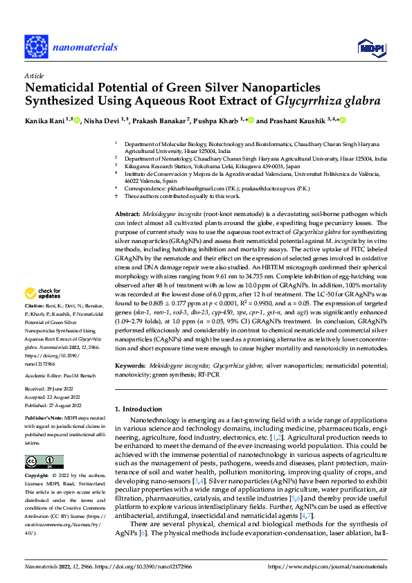 (PDF) Nematicidal Potential of Green Silver Nanoparticles Synthesized Using Aqueous Root Extract ...
