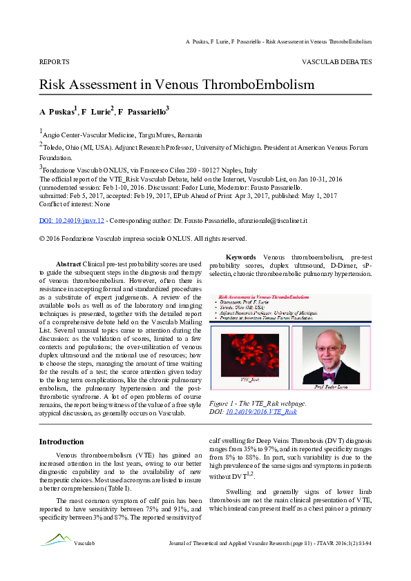 (PDF) Risk Assessment in Venous ThromboEmbolism | Fausto Passariello - Academia.edu
