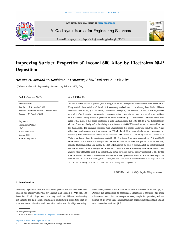(PDF) Improving Surface Properties of Inconel 600 Alloy by Electroless ...