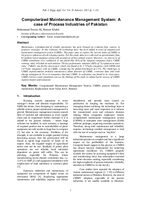 (PDF) Computerized Maintenance Management System: A case of Process Industries of Pakistan