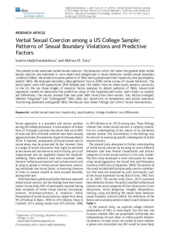 (PDF) Verbal Sexual Coercion among a US College Sample: Patterns of ...