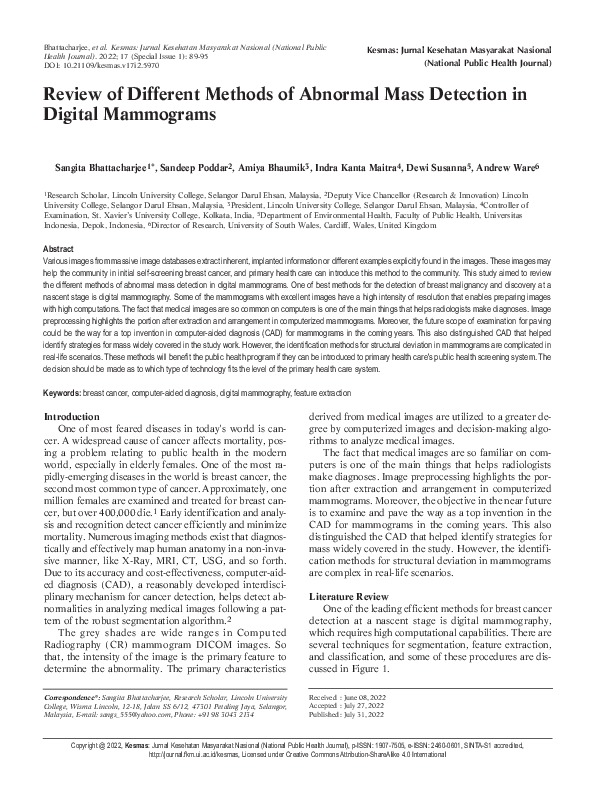 Pdf Review Of Different Methods Of Abnormal Mass Detection In Digital Mammograms