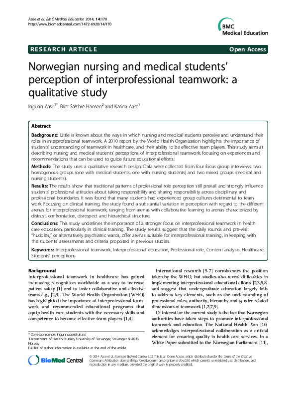 (PDF) Norwegian nursing and medical students’ perception of interprofessional teamwork: a ...