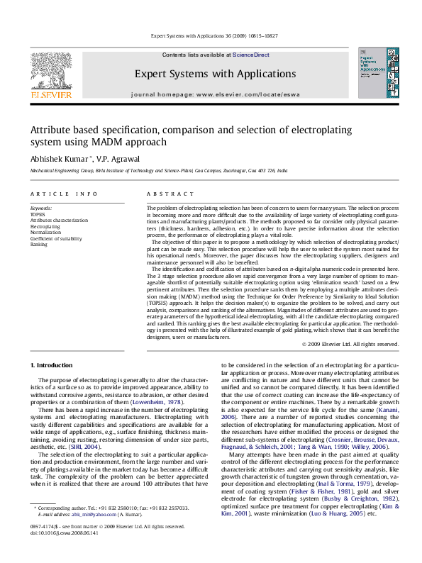 (PDF) Attribute based specification, comparison and selection of electroplating system using ...