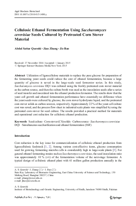 (PDF) Cellulosic Ethanol Fermentation Using Saccharomyces cerevisiae Seeds Cultured by ...