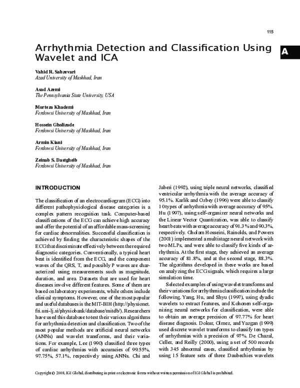 (PDF) Arrhythmia Detection and Classification Using Wavelet and ICA (PDF) Arrhythmia Detection and Classification Using Wavelet and ICA