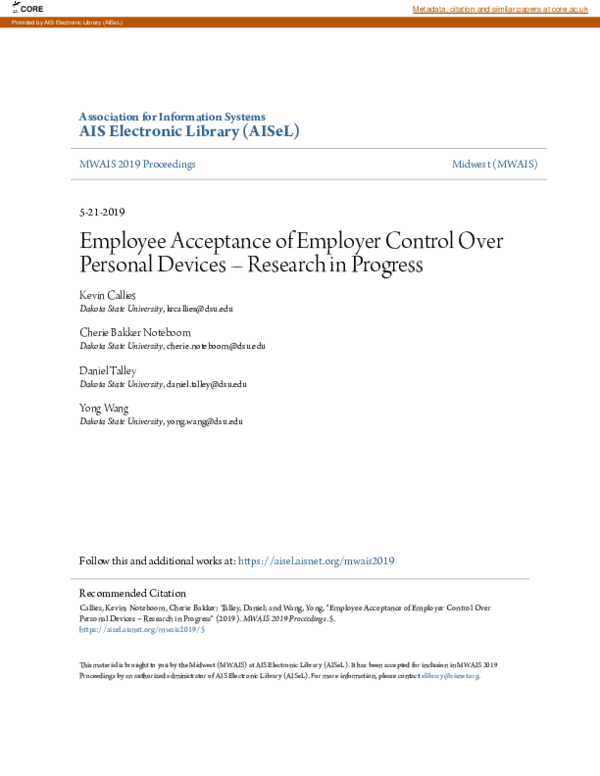 (PDF) Employee Acceptance of Employer Control Over Personal Devices