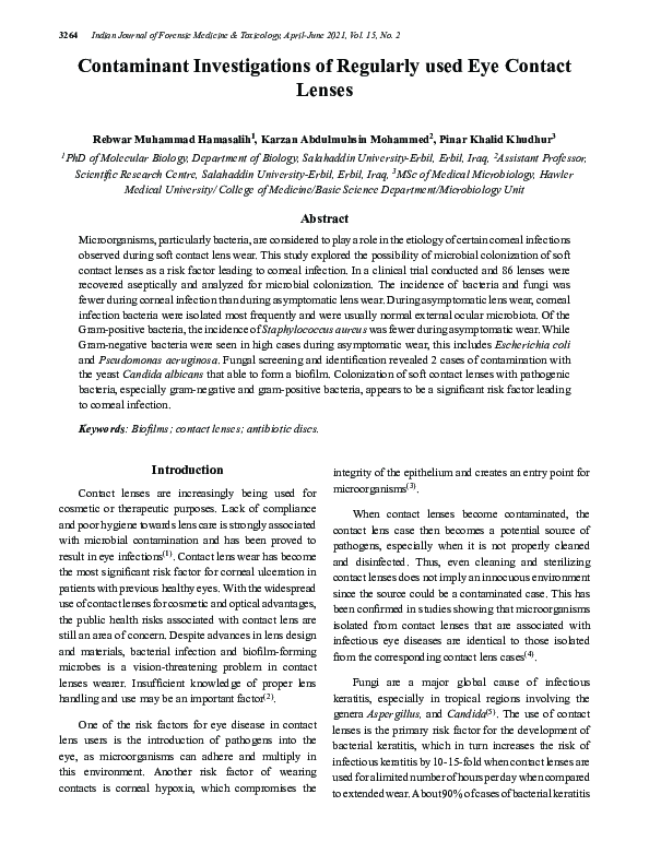 (PDF) Contaminant Investigations of Regularly used Eye Contact Lenses