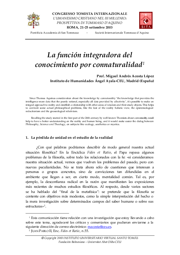 (PDF) La Función Integradora Del Conocimiento Por Connaturalidad | Miguel Acosta López ...