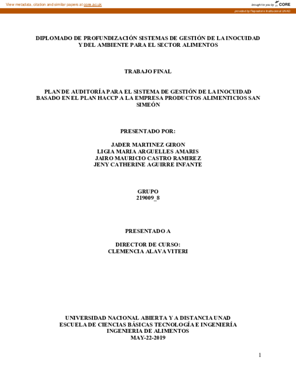 (PDF) Plan de auditoria para el sistema de gestión de la inocuidad basado en el plan HACCP a la ...