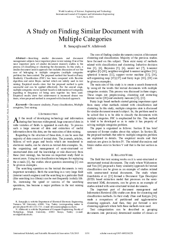 (PDF) A Study On Finding Similar Document With Multiple Categories
