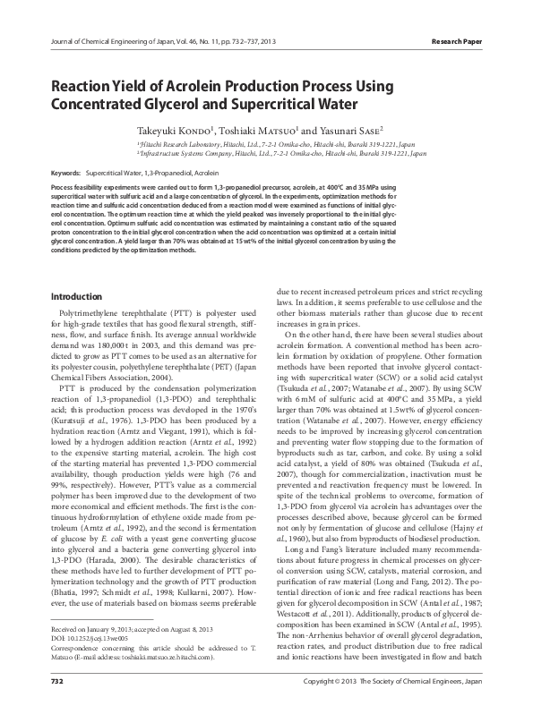 (PDF) Reaction Yield of Acrolein Production Process Using Concentrated ...