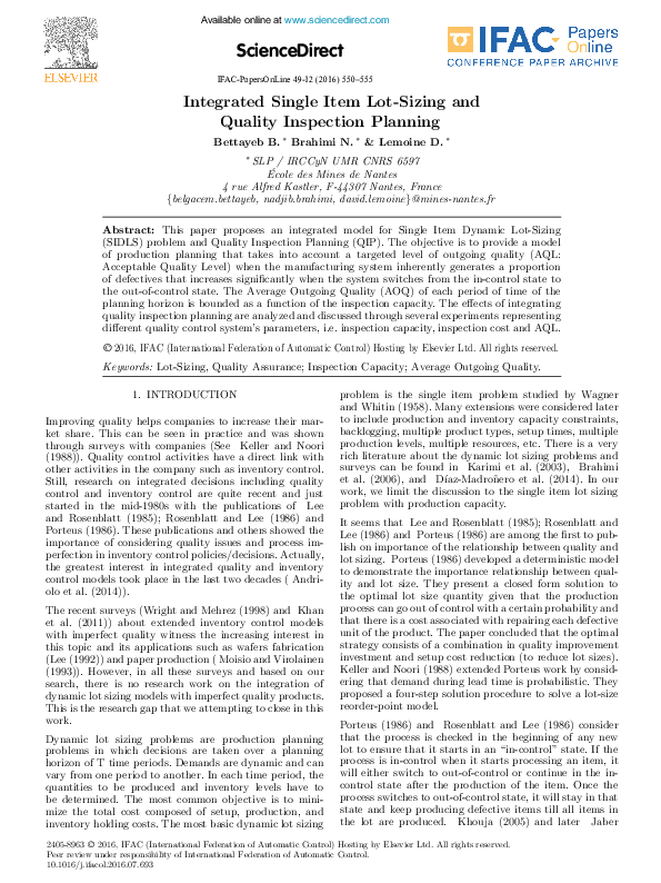 (PDF) Integrated Single Item Lot-Sizing and Quality Inspection Planning