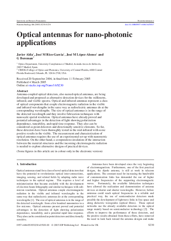 (PDF) Optical antennas for nano-photonic applications