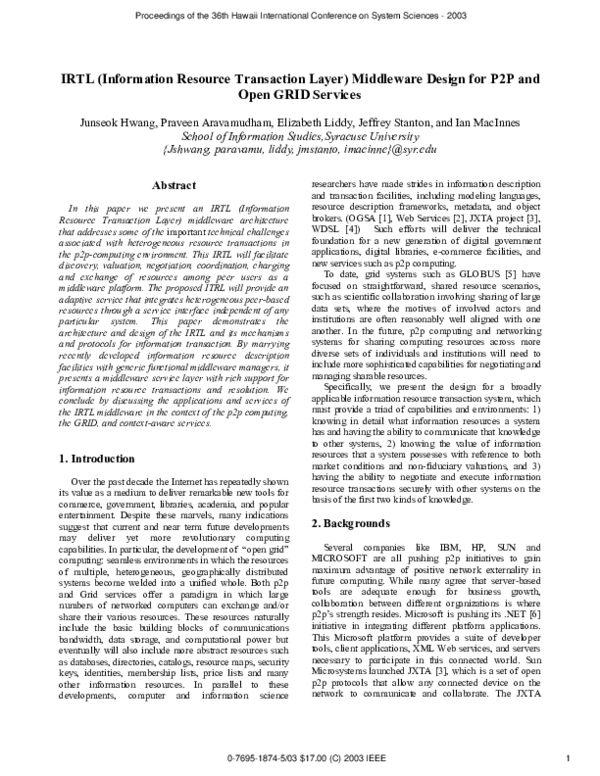 (PDF) IRTL (information resource transaction layer) middleware design for P2P and open GRID ...