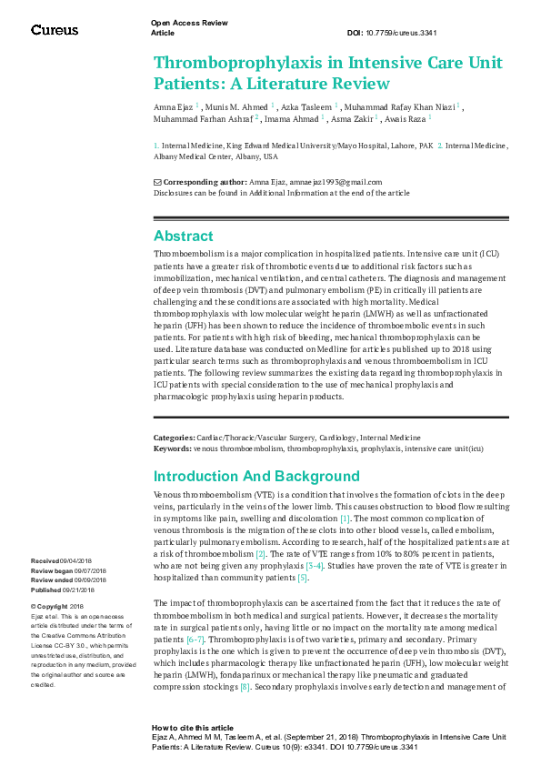 (PDF) Thromboprophylaxis in Intensive Care Unit Patients: A Literature Review