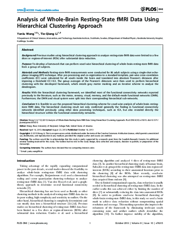 Pdf Analysis Of Whole Brain Resting State Fmri Data Using Hierarchical Clustering Approach