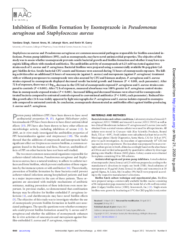 (PDF) Inhibition of Biofilm Formation by Esomeprazole in Pseudomonas aeruginosa and ...