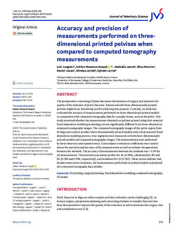 Pdf Accuracy And Precision Of Measurements Performed On Three Dimensional Printed Pelvises