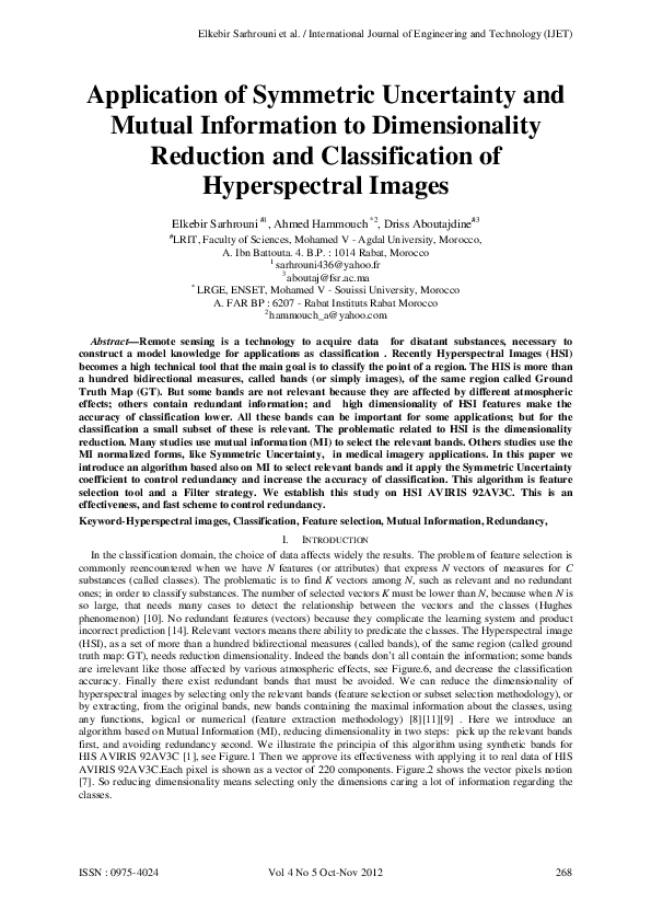 Pdf Dimensionality Reduction And Classification Of Hyperspectral Images Using Mutual Information